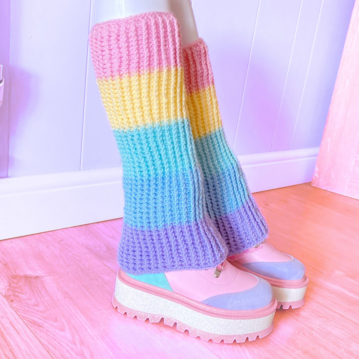 Ultra Pastel Rainbow Striped Crochet Flared Leg Warmers - Kawaii Fairy ...
